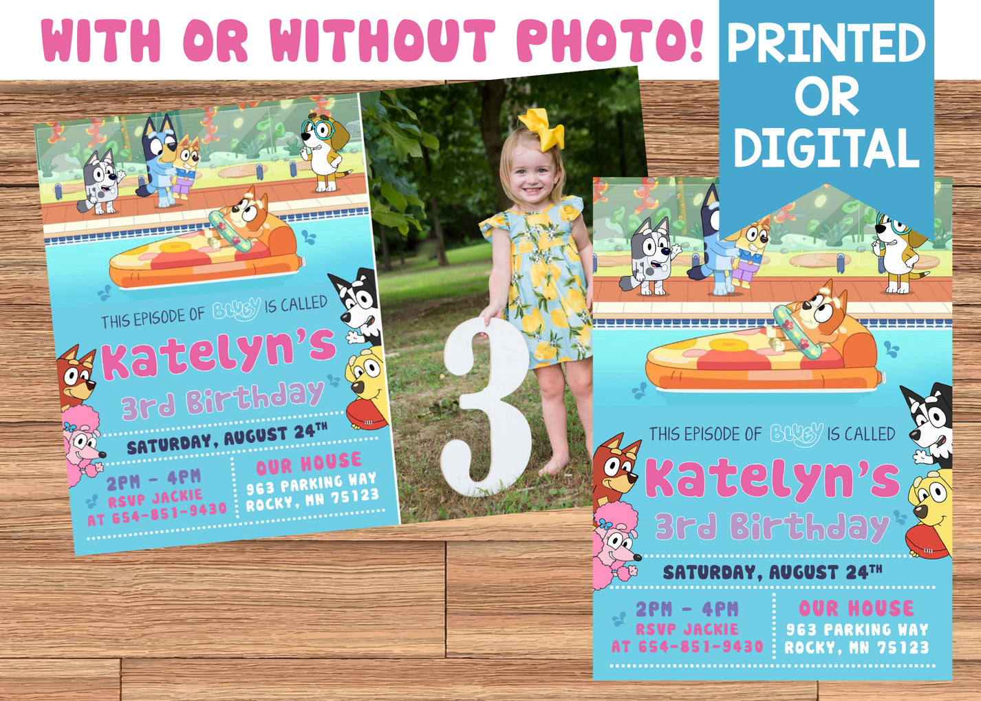 BLUEY Pool Party Birthday Invitation with or without Photo - Printed o ...